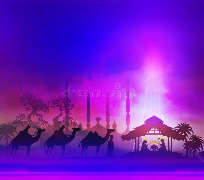 Biblical Scene - Birth of Jesus in Bethlehem Stock Illustration ...