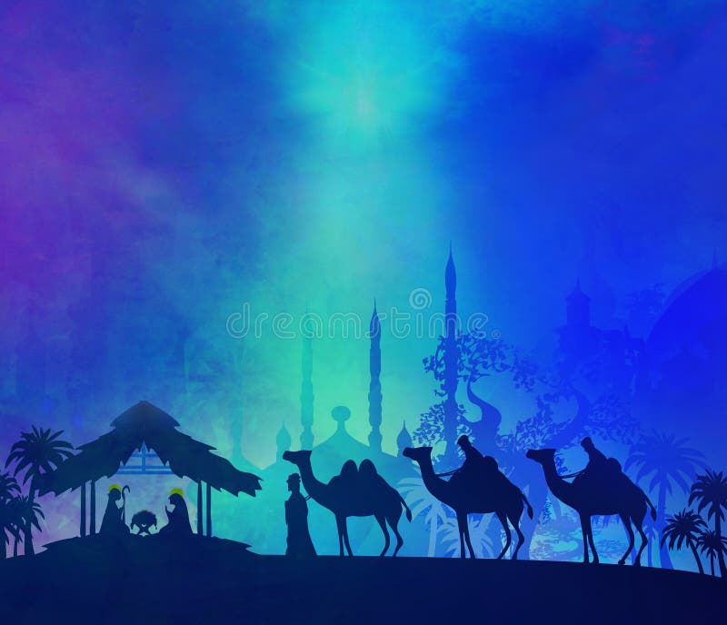 Biblical Scene - Birth of Jesus in Bethlehem Stock Illustration ...