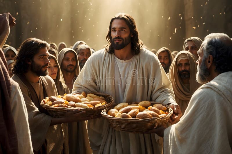 Jesus Feeding the Multitudes As in Bible Stock Illustration ...