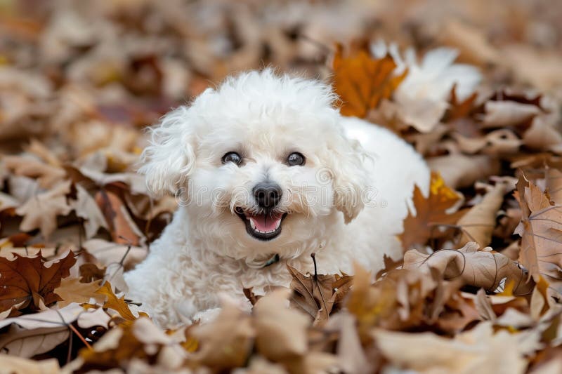 Bichon Frise with a Cheery Smile, Playing in a Pile of Leaves Stock ...