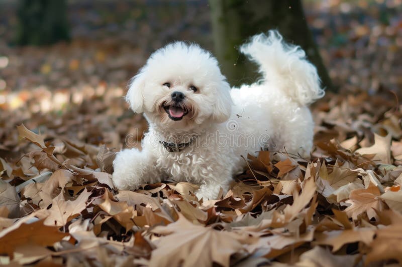 Bichon Frise with a Cheery Smile, Playing in a Pile of Leaves Stock ...
