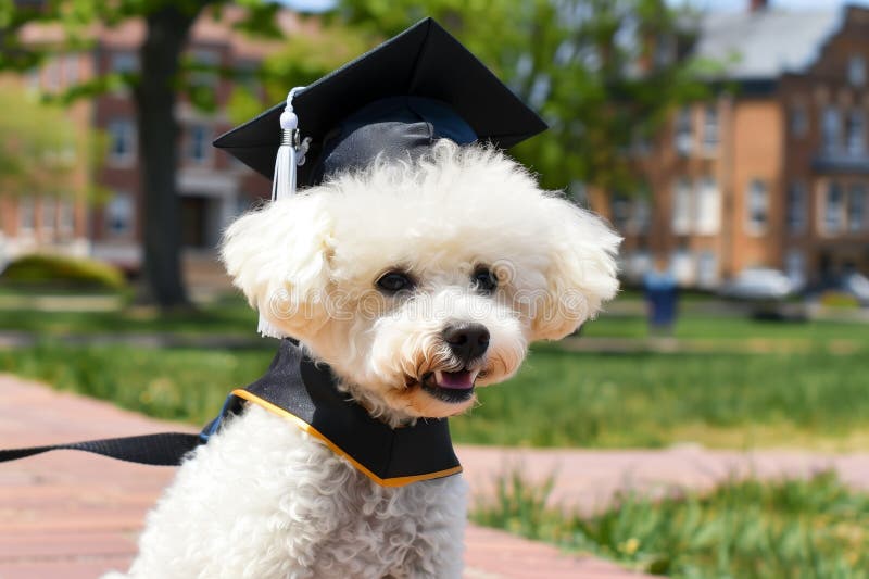 Bichon Frise in a Graduation Cap, on a College Quad Stock Photo - Image ...