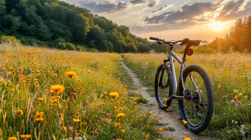 Bicycle is Park in Field Way with Sunrise Stock Illustration ...