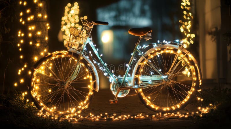 A Bicycle Adorned with String Lights in a Nighttime Setting Stock ...