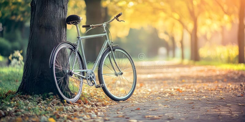 Bicycle Against Tree in Autumn Landscape Stock Illustration ...