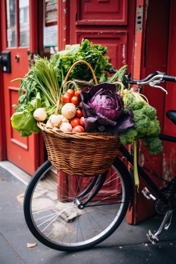Bicycle with Basket Filled with Fresh Produce Stock Photo - Image of ...