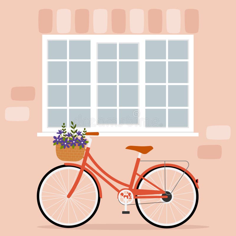 Bicycle with Basket of Flowers Under the Window. Stock Vector ...