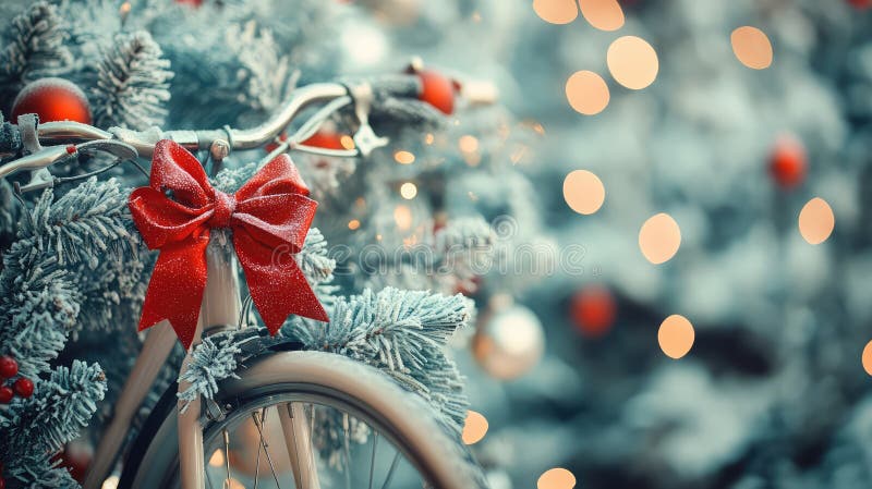 Bicycle with Bow and White Christmas Tree on Background Stock Photo - Image of space, modern ...