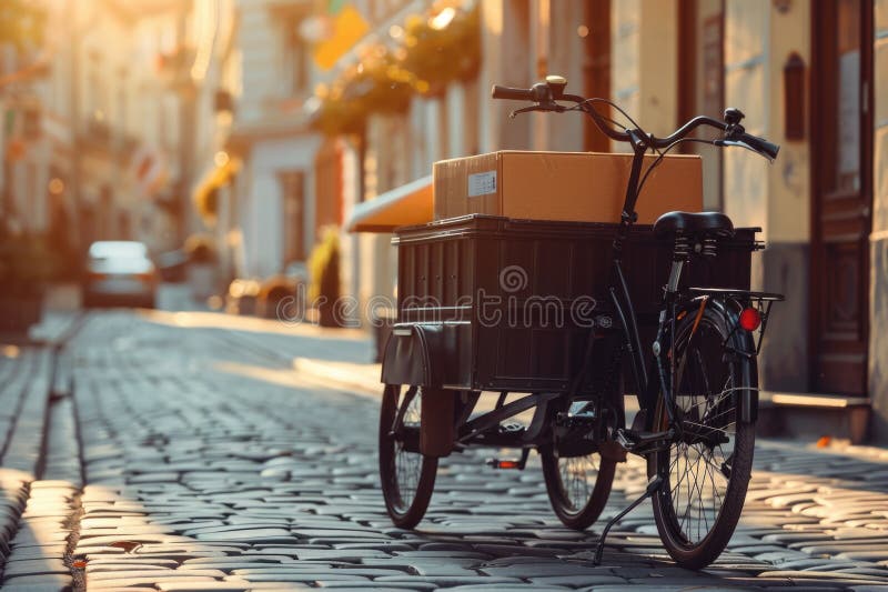 A Bicycle with a Box on the Back Parked on a Cobblestone Street Stock ...