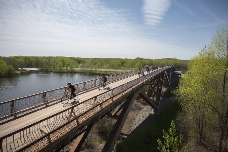 Bicycle Bridge Over River, with Cyclists Pedaling Along the Path Stock ...
