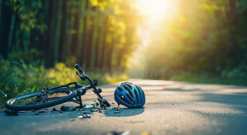 Bicycle Crash Site with a Bike and Helmet Lying on the Road Stock Image ...