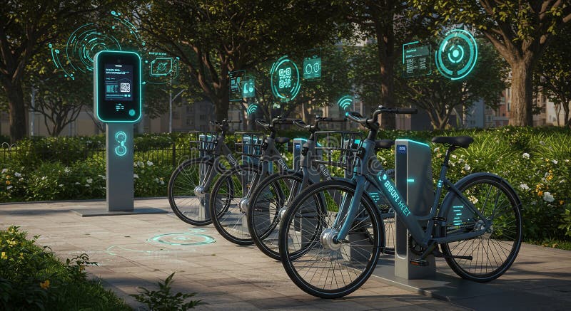 Bicycle Docking Station in a Park Setting Features Several Parked Bikes ...