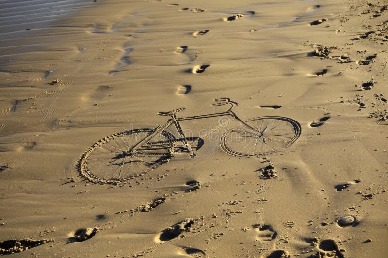 Bicycle Drawn in the Sand on a Beach with Footprints Around it Stock ...