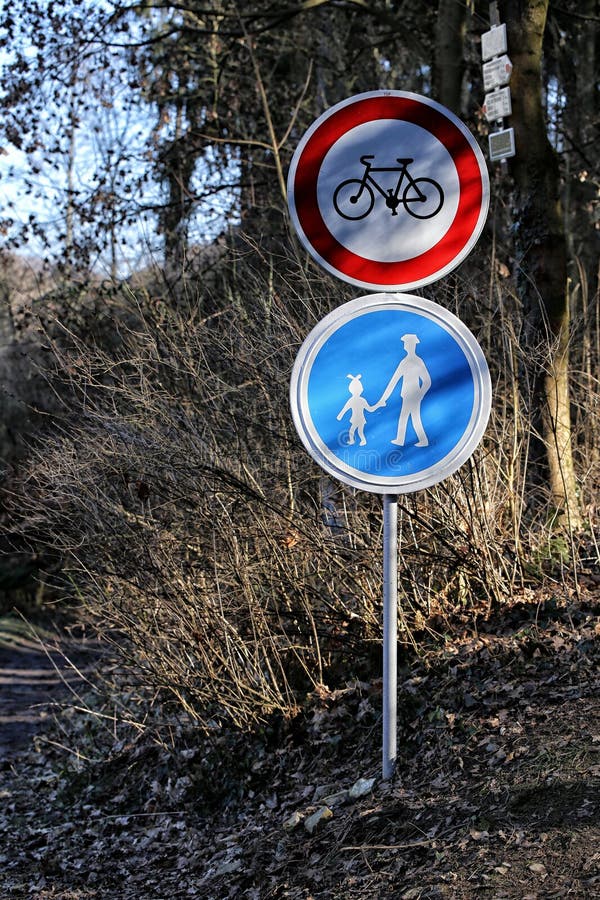 Bicycle Driving Ban and Pedestrian Zone Signs on the Single Pole Stock ...