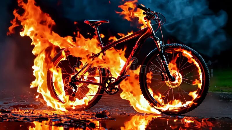 A Bicycle is Engulfed by Flames on a Dark Background Stock Video ...