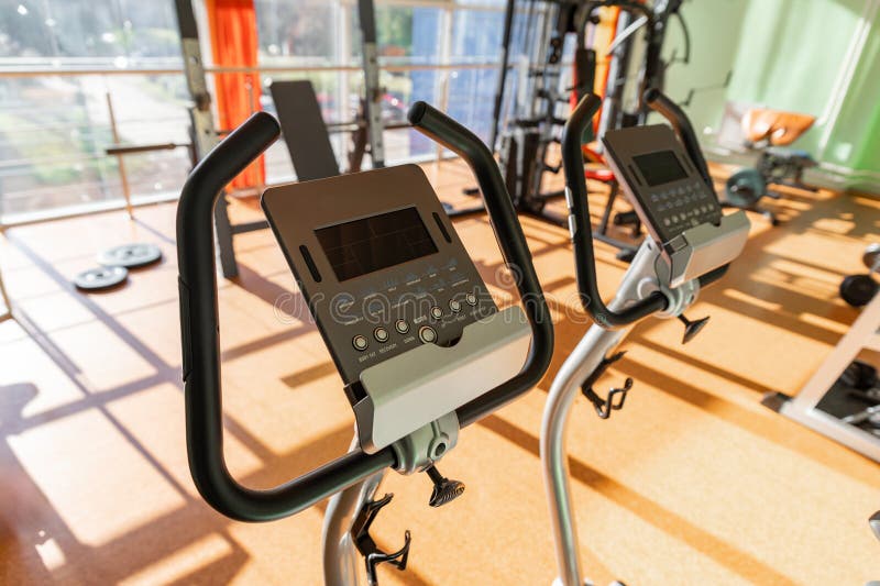 Bicycle Exercise Machine in Beautiful View Fitness Room Stock Photo ...