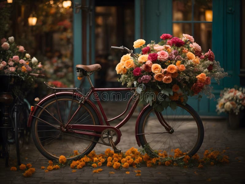 A Vintage Bicycle with Full of Flowers Bouquets Stock Image - Image of ...