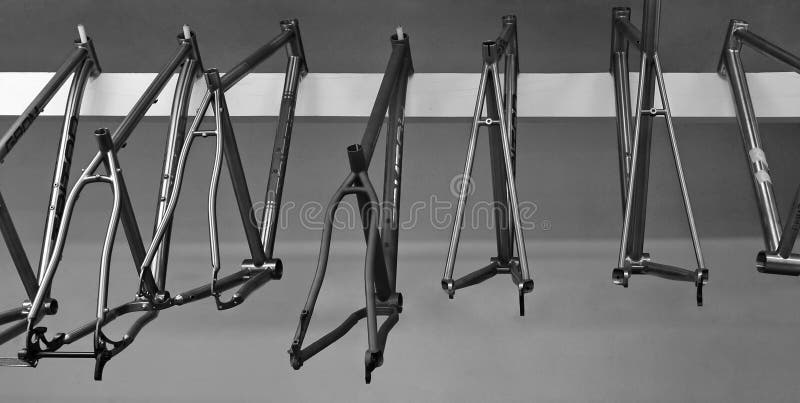 Bicycle Frames Hanging in the Workshop, Bike Frame Building Stock Photo ...