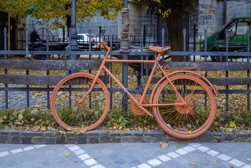 Bicycle Fully Painted with Orange Color Stock Photo - Image of garden ...