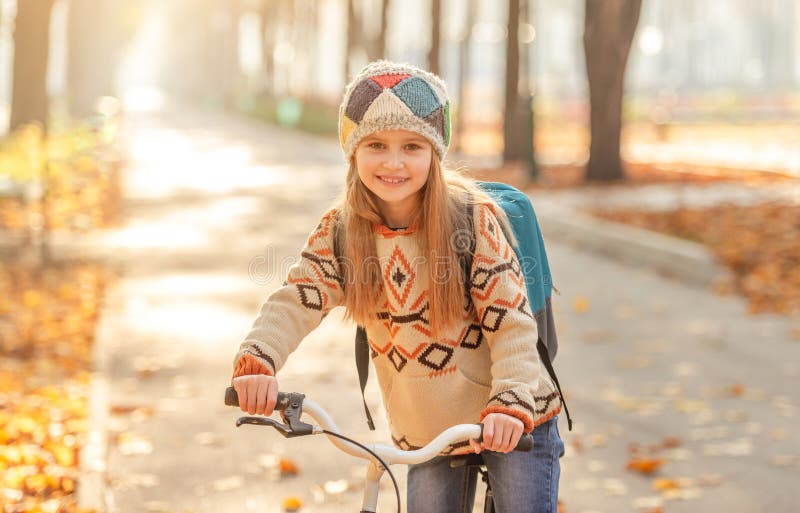 Bicycle Girl Riding To School Stock Photo - Image of fall, autumn ...