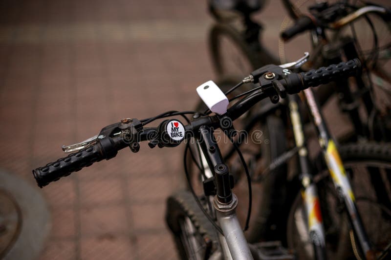 Bicycle Handlebar with Bell and Sticker Stock Photo - Image of active ...