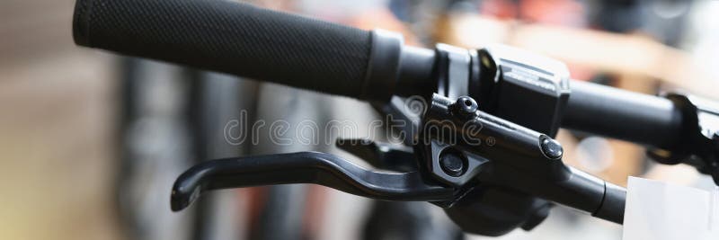 Bicycle Handlebar with Handbrake in Parking Closeup Stock Image - Image ...