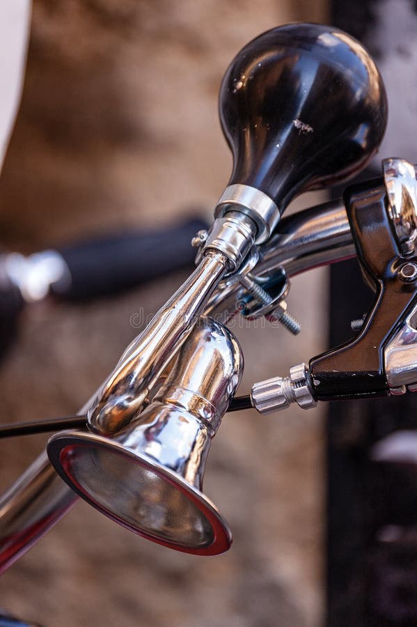 Bicycle Horn on the Handlebar - Small Chromed Trumpet Stock Photo ...