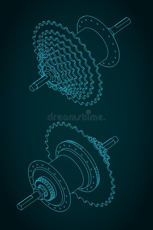 Bicycle Hub with Cassette Isometric Technical Drawings Stock ...
