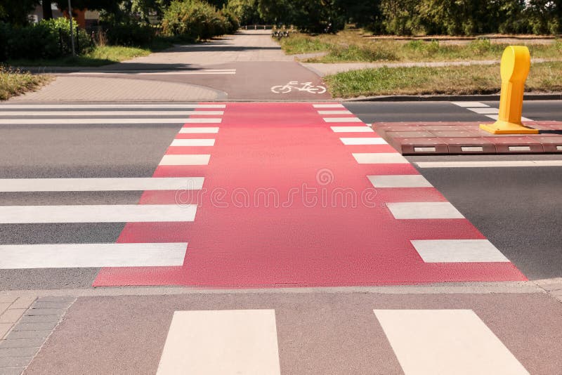Bicycle Lane with Painted White Sign and Pedestrian Crossing Outdoors ...