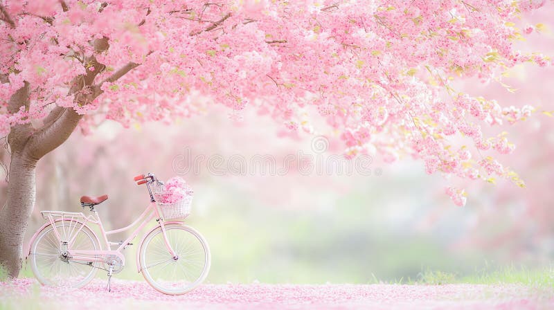 A Bicycle Leaning Against a Cherry Blossom Tree, Vintage-style Composition, Peaceful Spring Mood ...