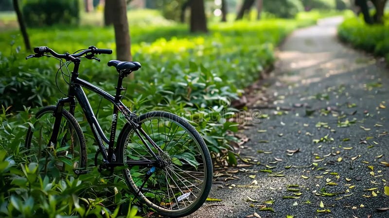 Bicycle Leaning Against Greenery on a Park Path Stock Footage - Video ...