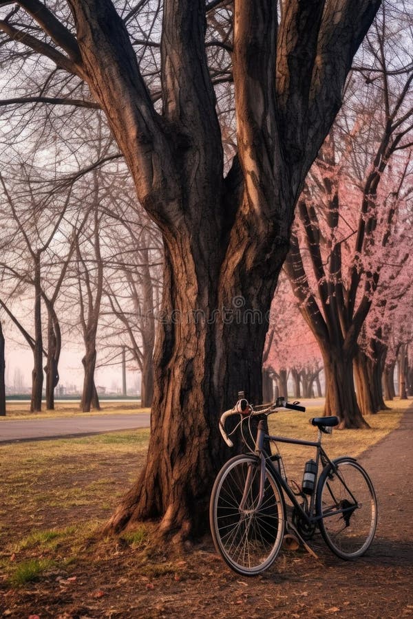 Bicycle Leaning Against a Tree in a Scenic Park Stock Illustration ...