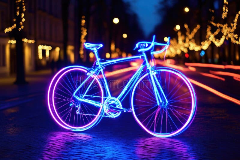 A Bicycle Lit Up with Blue and Pink Lights for Night Riding or Display ...