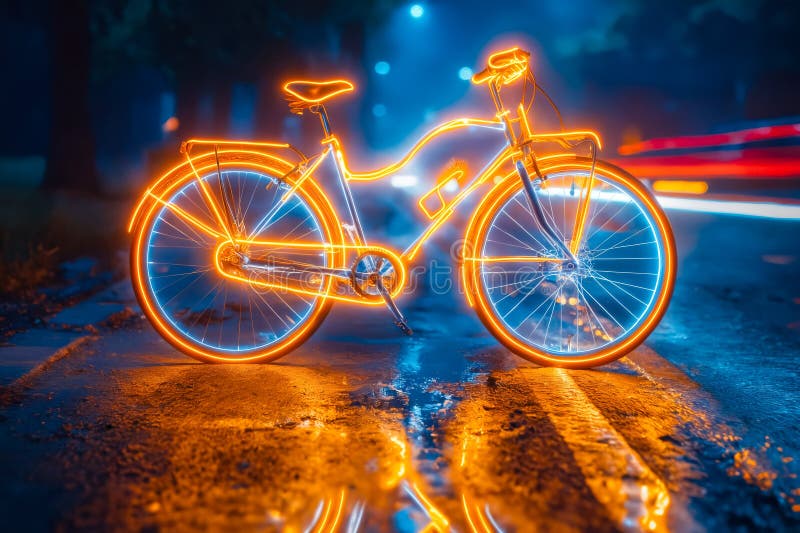 A Bicycle is Lit Up with Neon Lights on the Street Stock Photo - Image ...