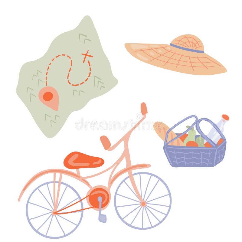 Bicycle Map Hat Summer Sun Picnic Basket Set Flat Design Stock Vector ...