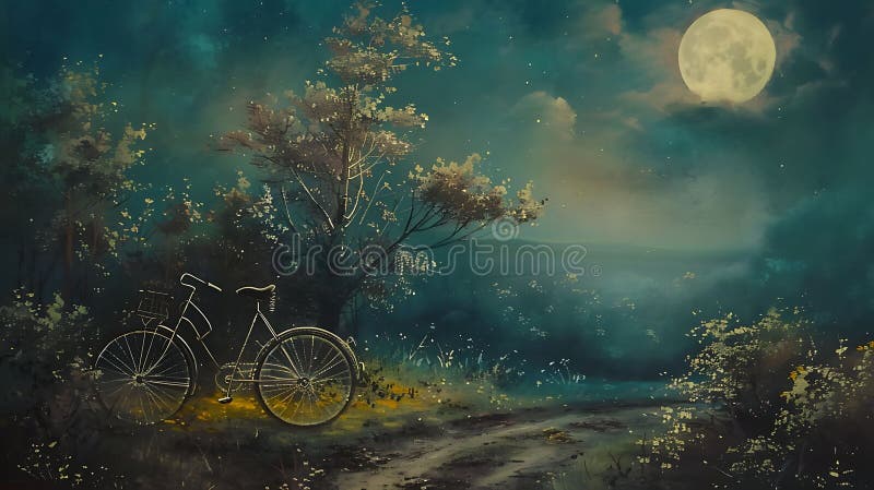 Bicycle on a Moonlit Path stock illustration. Illustration of outdoor ...