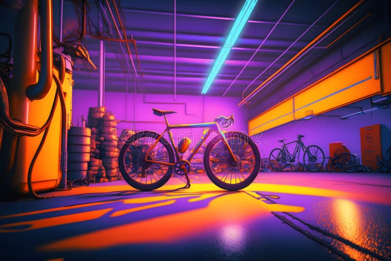 Bicycle in a Neon Garage. Neural Network AI Generated Stock ...