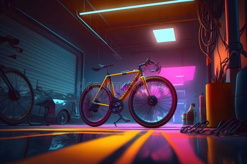 Bicycle in a Neon Garage. Neural Network AI Generated Stock ...
