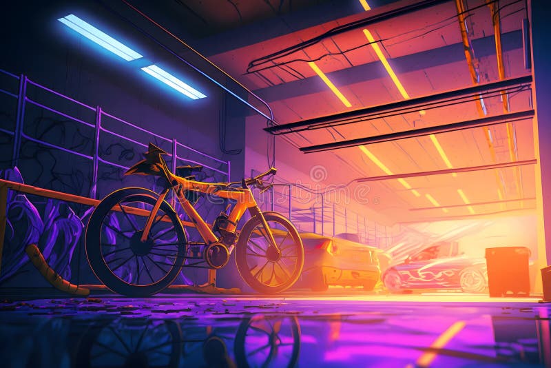 Bicycle in a Neon Garage. Neural Network AI Generated Stock Image ...