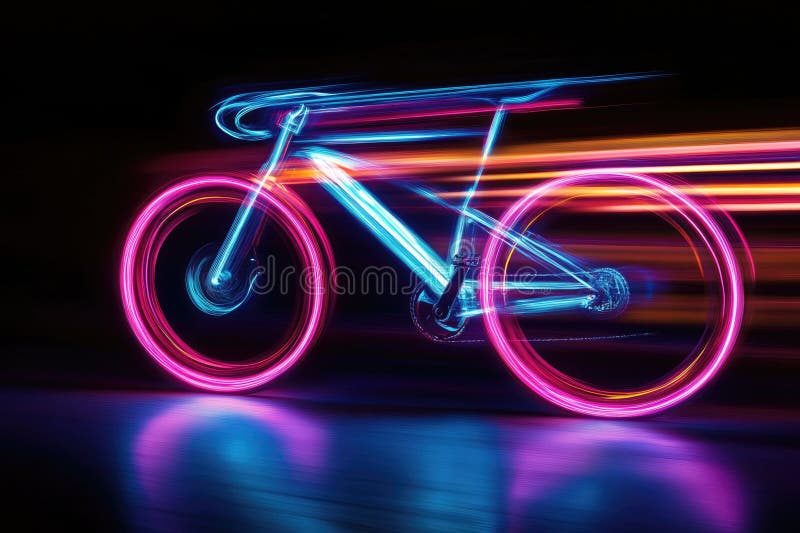 A Bicycle with Neon Lights Riding in a Dark Environment Stock Image ...