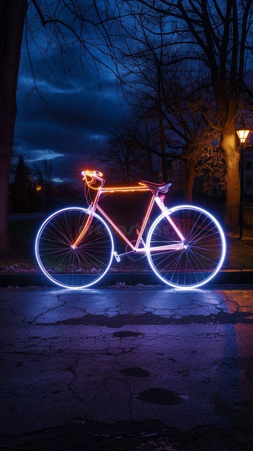 Bicycle with Neon Spokes Casting a Wheel of Light As it Cycles through ...
