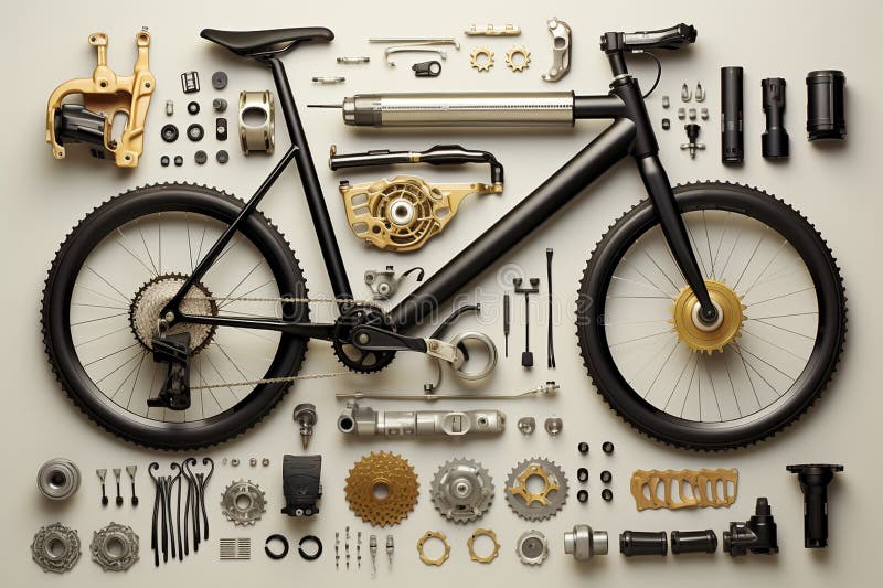 Bicycle Parts and Tools on Green Background. Top View Stock ...