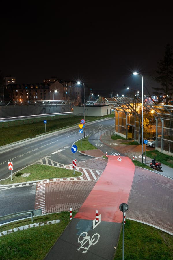 Bicycle Path on the City Street in the Evening. Night View Stock Photo ...