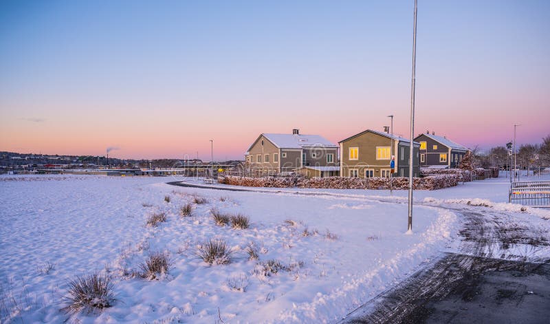 Bicycle Path Past Houses on a Snowy Morning.. Stock Photo - Image of ...