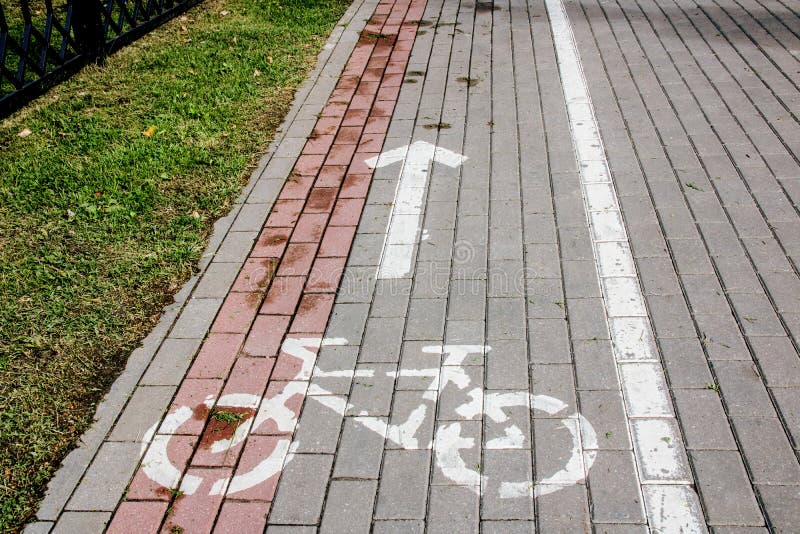 Bicycle Path Sign on Paving Slabs Closeup Stock Photo - Image of cycle ...