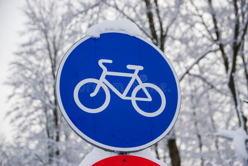 Bicycle Path Road Sign on a Snowy Road. Stock Photo - Image of snowy ...