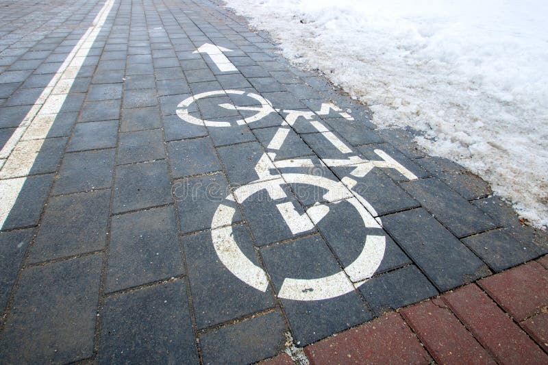 Bicycle Path Sign on the Snow Closeup Stock Image - Image of ...