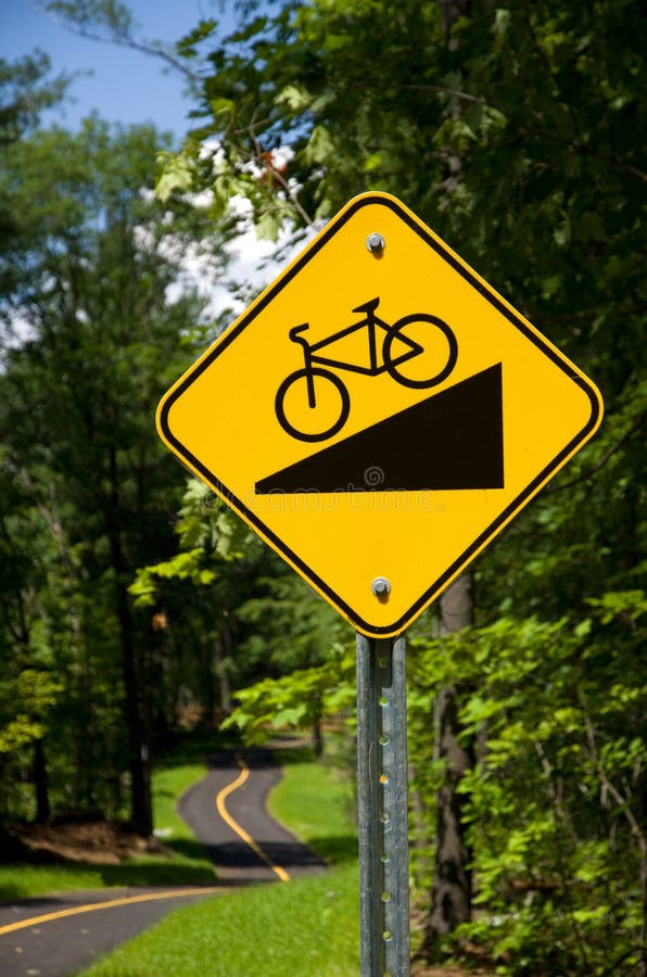 Bicycle Path Yellow Sign for Downhill Slope Coming Stock Image - Image of secure, quebec: 325246861
