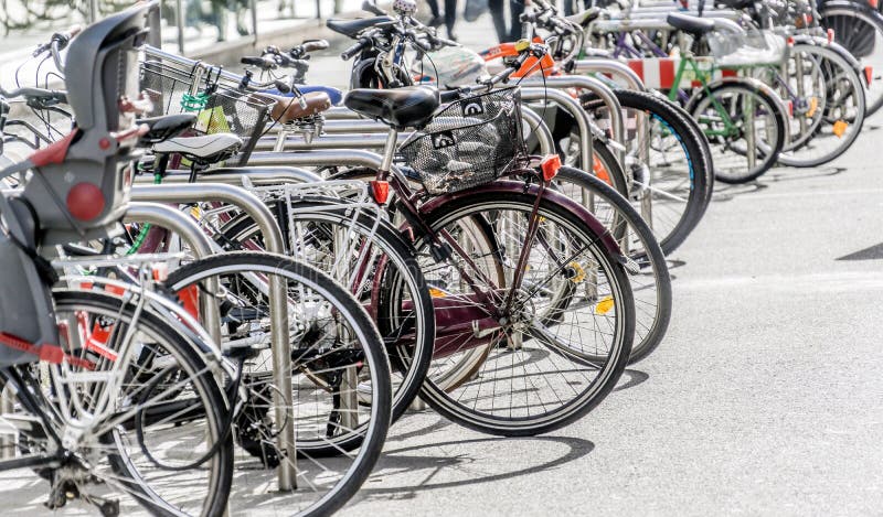 Bicycle Rack in a Pedestrian Zone with Parked Bicycles Stock Photo ...