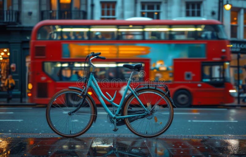 Bicycle and Red Double Decker Bus on Rainy Night in London Stock Image ...